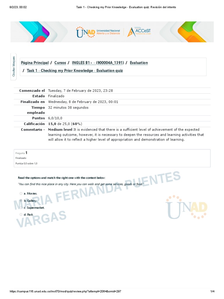 Task 1 - Checking My Prior Knowledge - Evaluation Quiz - Revisión Del Intento | PDF