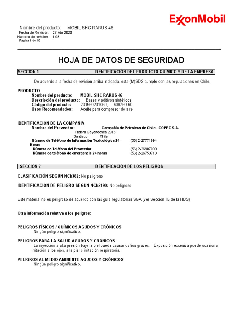Mobil SHC Rarus 46 | PDF | Ventilación (Arquitectura) | Higiene