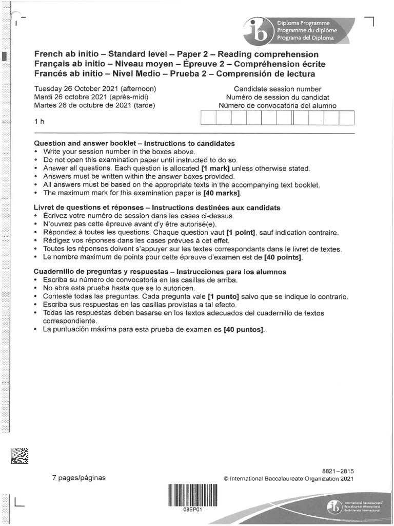 French AB Initio Nov 2021 - Papaer 1 and 2 Combined | PDF