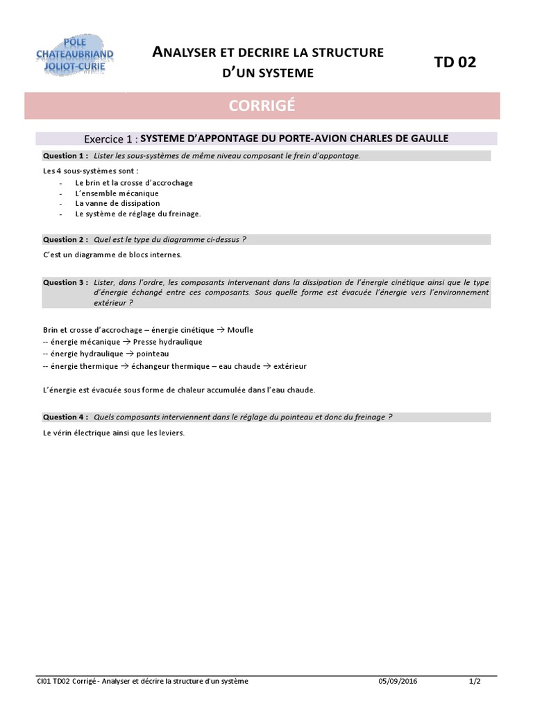 CI01 TD02 Corrigé - Analyser Et Décrire La Structure D - Un Système | PDF | Frein | Grandeur ...