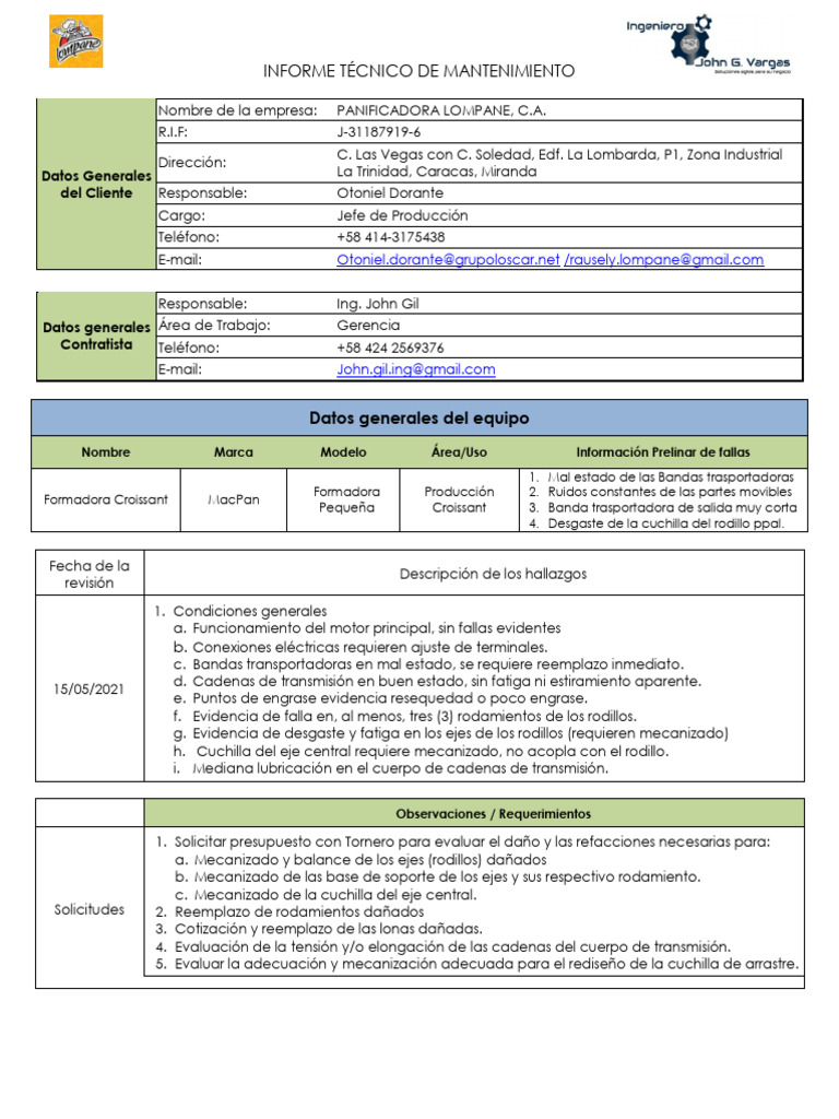 Informe Tecnico de Mantenimiento | PDF | Ingeniería mecánica | Bienes manufacturados