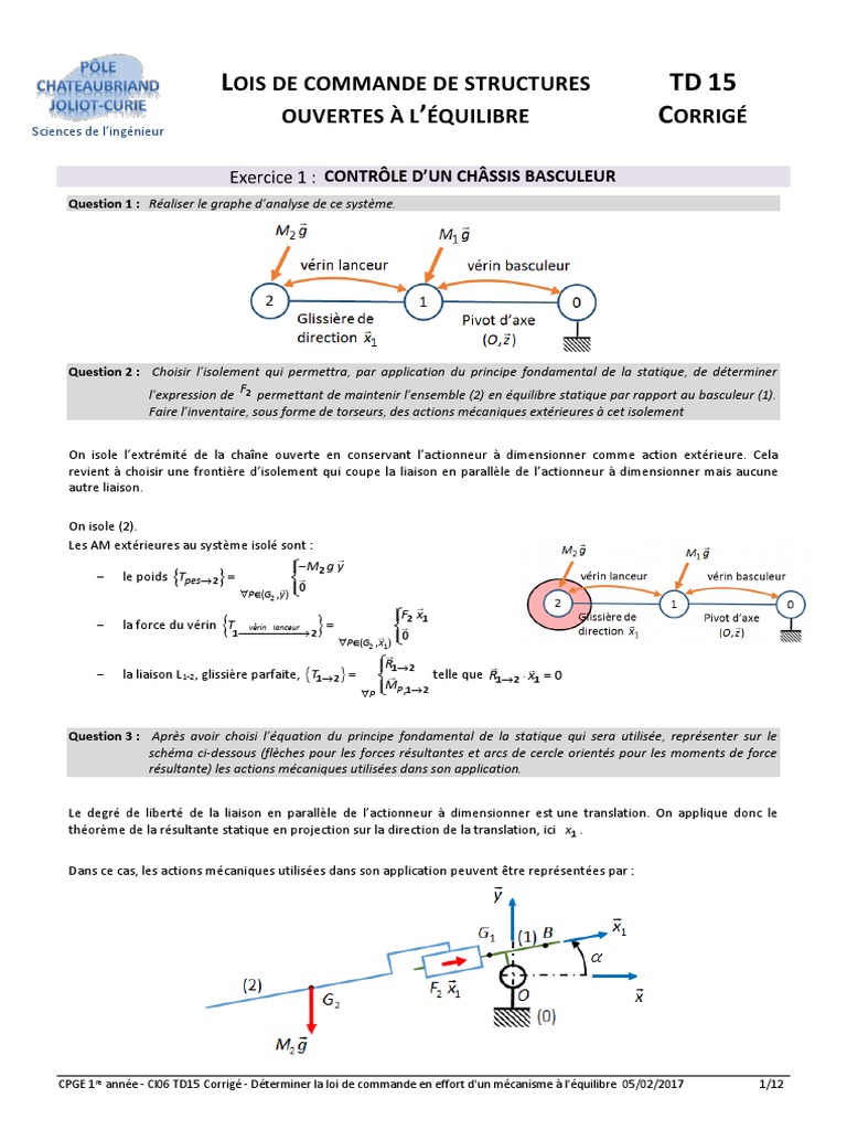 CI06 TD15 Corrigé - Déterminer La Loi de Commande en Effort D - Un Mécanisme À L - Équilibre ...