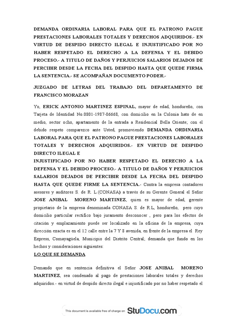 Demanda laboral por despido injustificado y reclamo de prestaciones ...