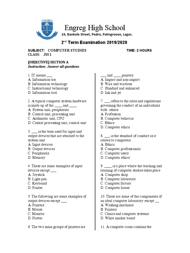 JSS 1 Computer Studies 2nd Term Exam | PDF | Input/Output | Printer ...