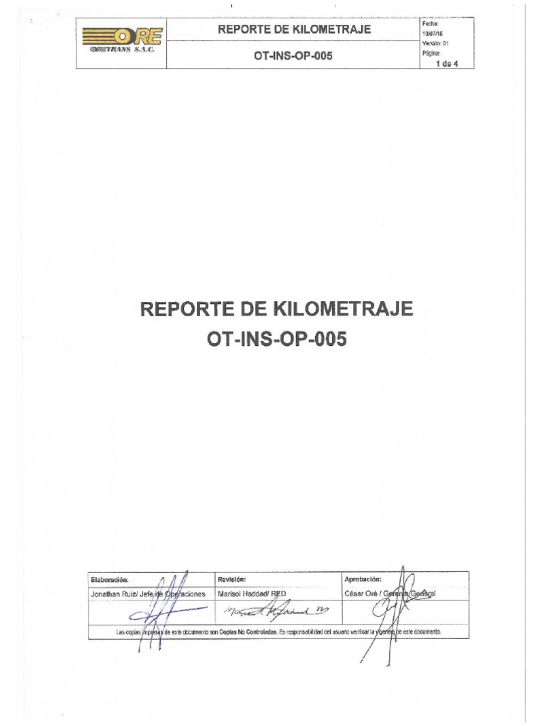 OT-INS-OP-005 Reporte de Kilometraje Ver.01 Jul 16 | PDF