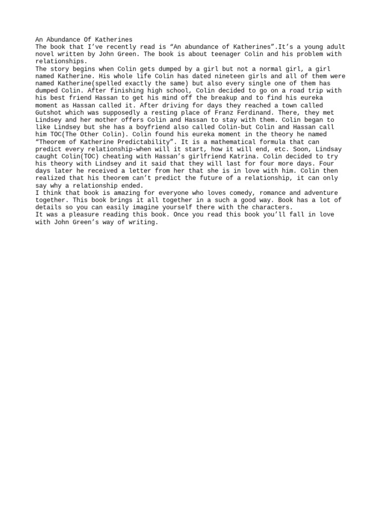 An Abundance of Katherines Review | PDF | Mystery, Thriller & Crime ...