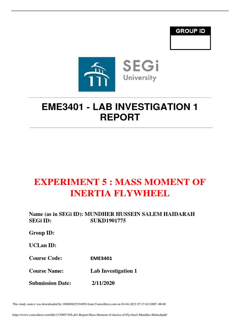 Lab1 Report Mass Moment of Inertia of Flywheel Mundher Hidarah PDF ...