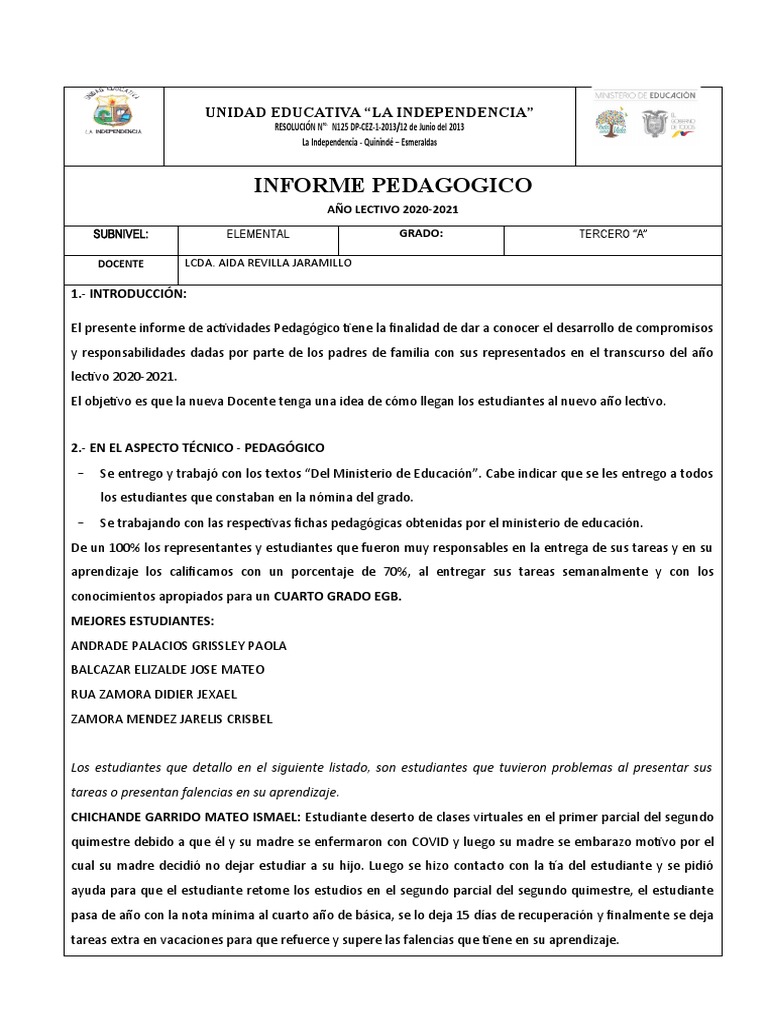 Informe Pedagógico Tercer Grado EGB | PDF | Salud y bienestar