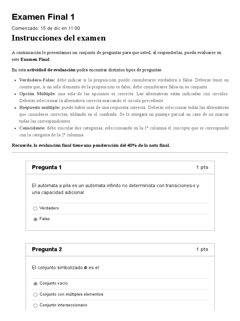 Examen - Examen Final 1 Lenguajes Formales | PDF | Matemáticas | Lógica ...
