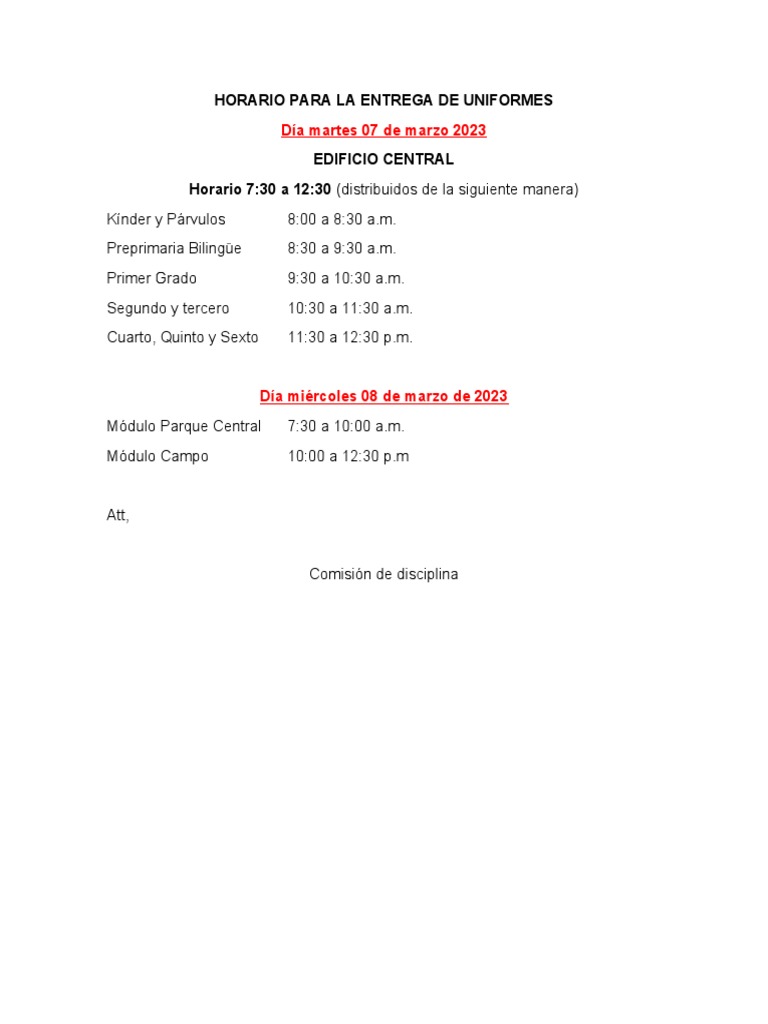 Horario Para La Entrega De Uniformes Pdf