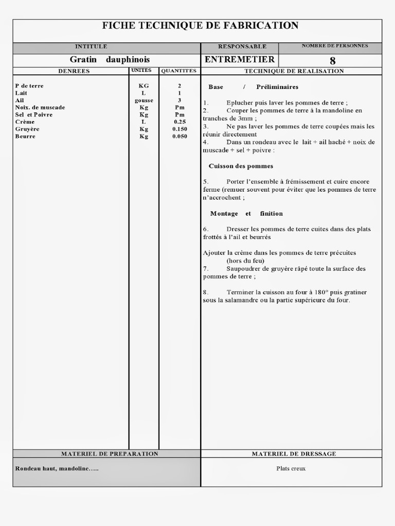 Gratin Dauphinois Fiche Technique | PDF