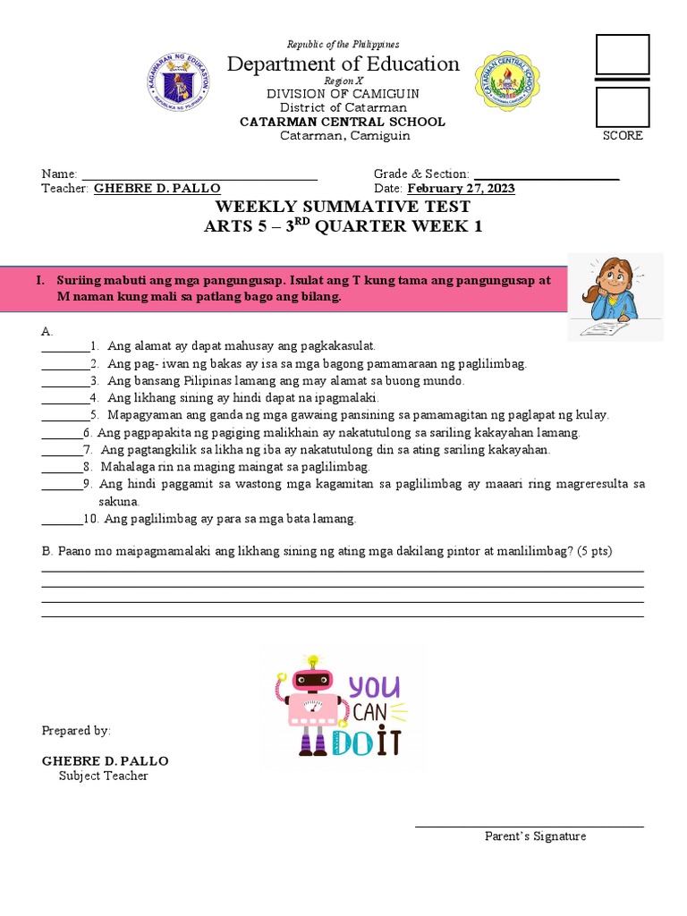 ARTS 5 Weekly Test - Q3 Week 1 | PDF