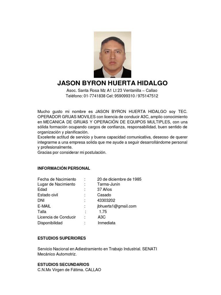 Jason Huerta: Experto en Operación de Grúas | PDF | Vehículos | Transporte