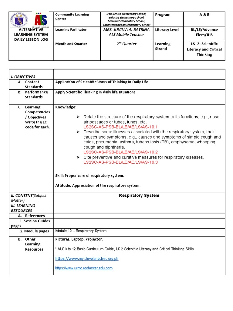 Respiratory System Lesson Plan | PDF | Respiratory Tract | Lung