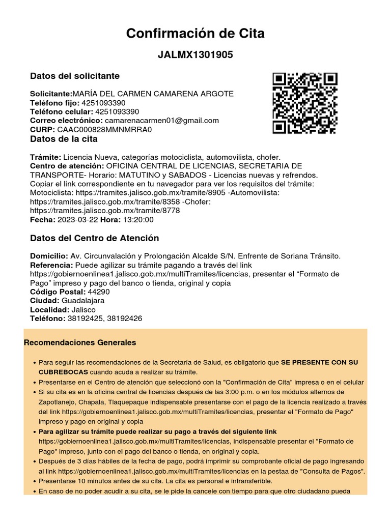 Confirmación De Cita Jalmx1301905 Pdf