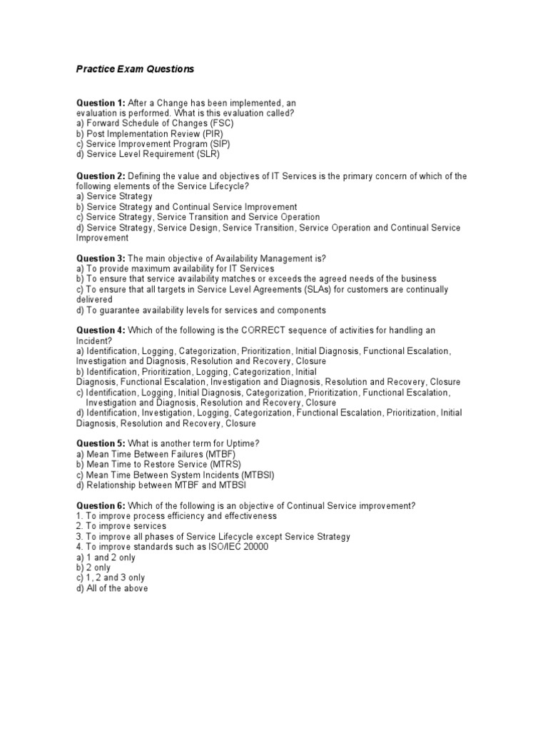ITIL V3 Practice Exam Questions | PDF | Itil | Service Level Agreement