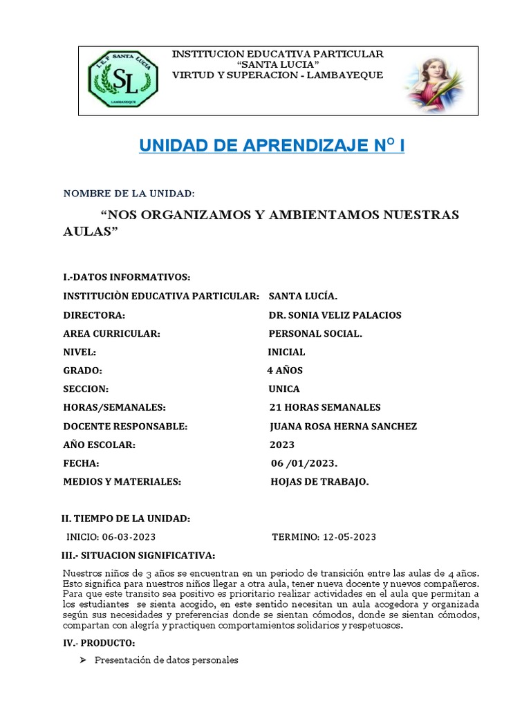 Primera Unidad. Iep Santa Lucia | PDF | Aprendizaje | Salón de clases
