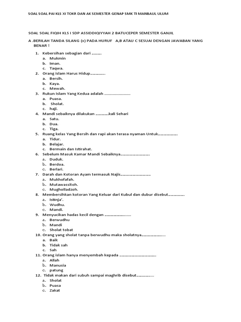 Soal Soal Fiqih Semester Ganjil Kls I SDP 2019-2020 | PDF