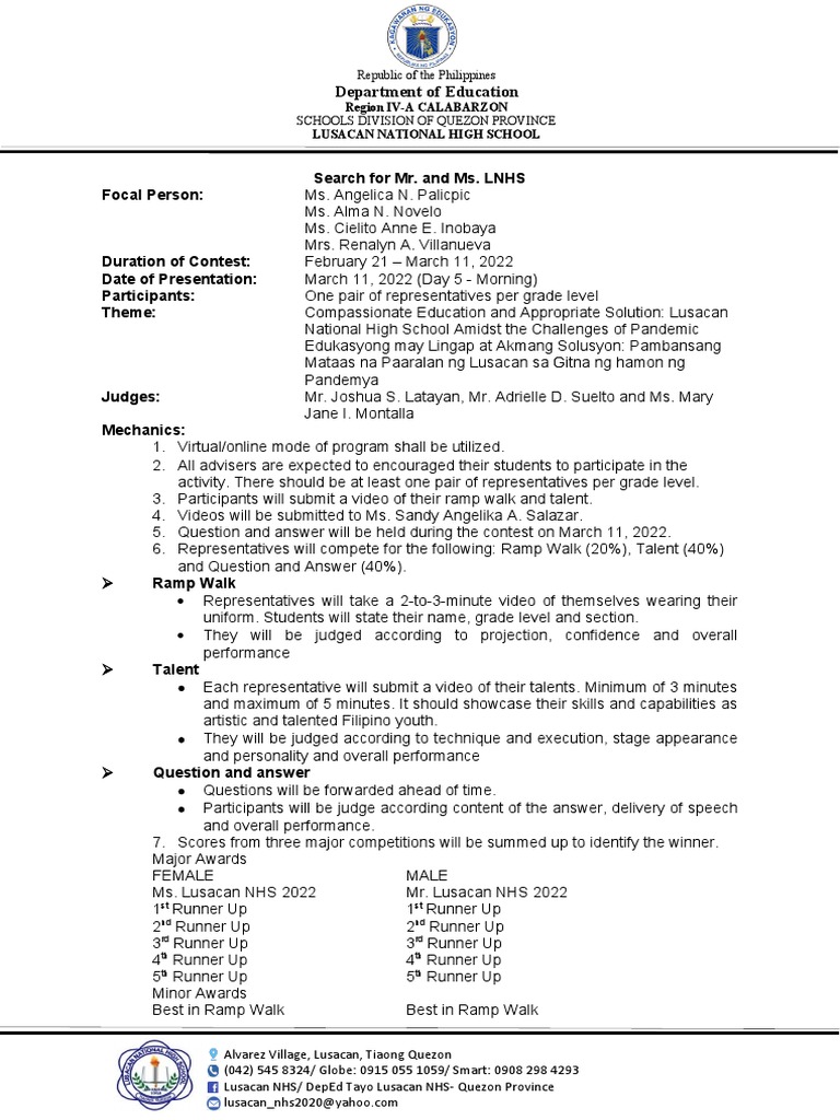 Mechanics and Criteria For Mr. and Ms. | PDF