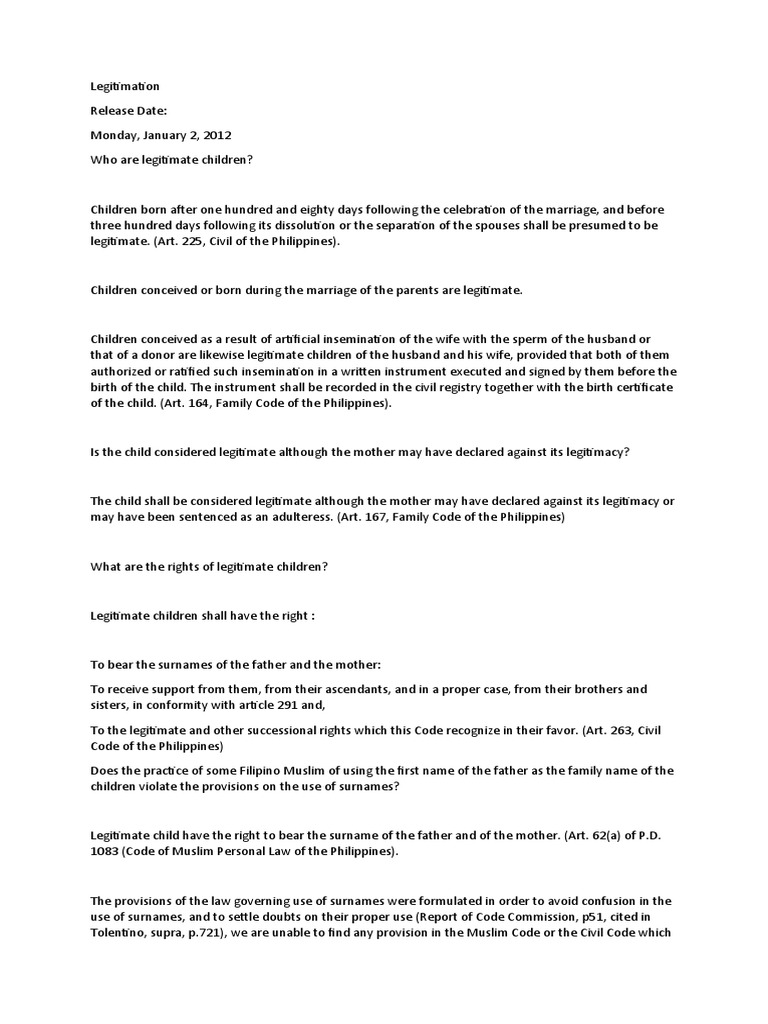 Legitimation | PDF | Birth Certificate | Legitimacy (Family Law)
