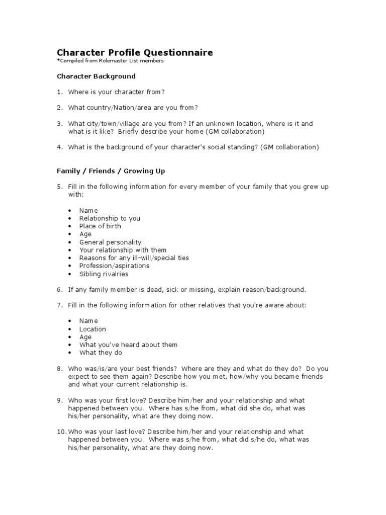 Character Profile Questionnaire Guide | PDF | Cognition | Cognitive Science