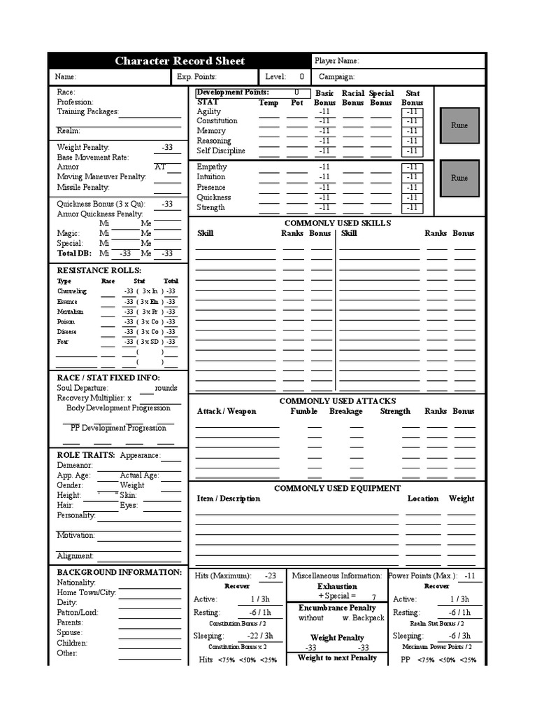 Rolemaster Character Record Sheet | PDF | Helmet | Armour
