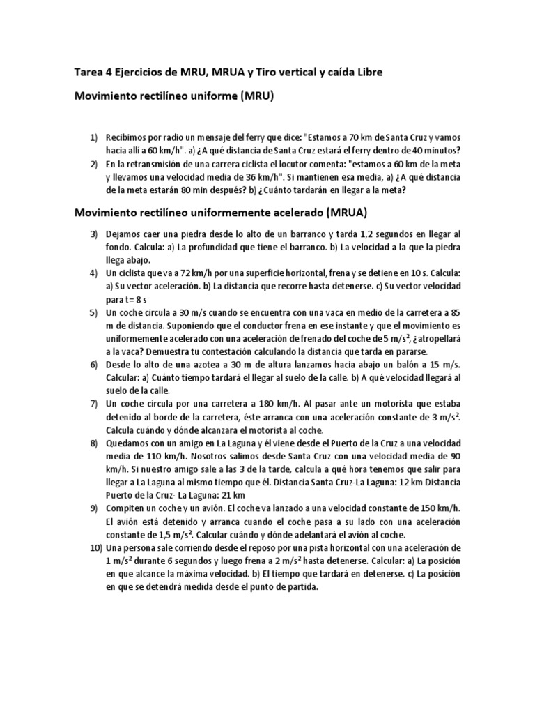 Ejercicios de MRU, MRUA, Caida Libre y Tiro Vertical | PDF | Aceleración | Velocidad