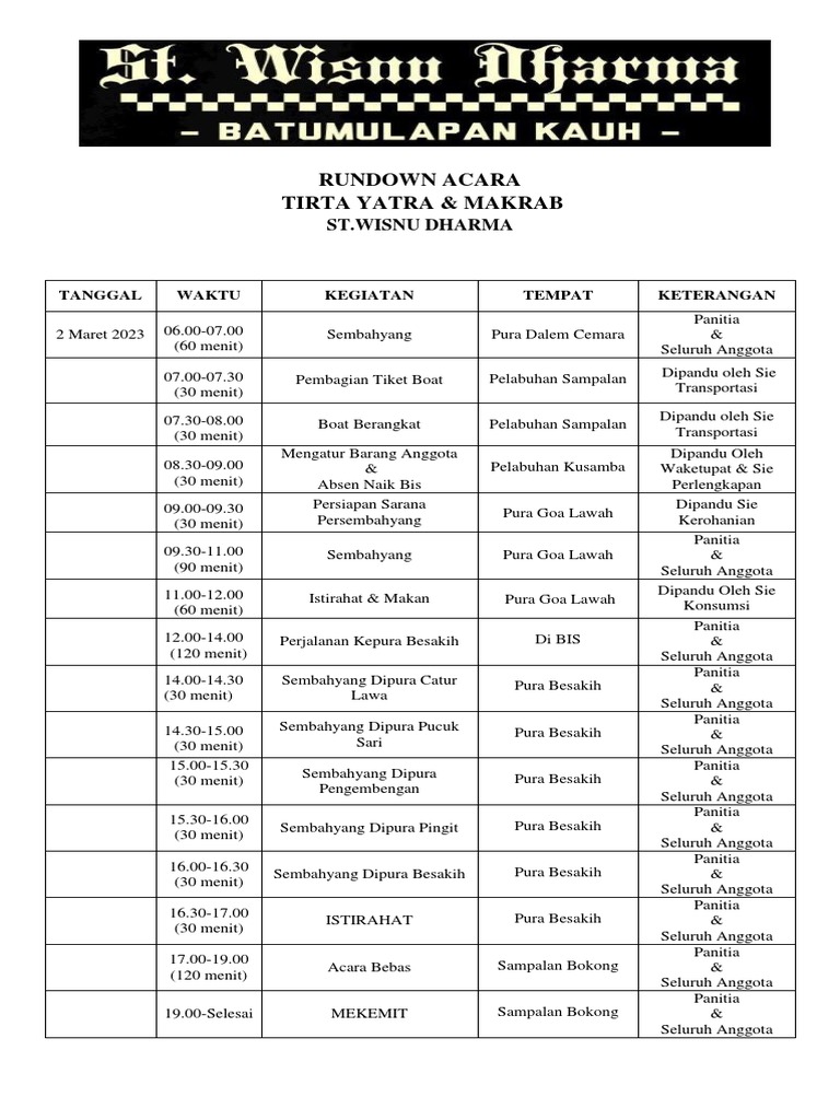 Rundown Acara Tirta Yatra ST - Wisnu Dharma | PDF
