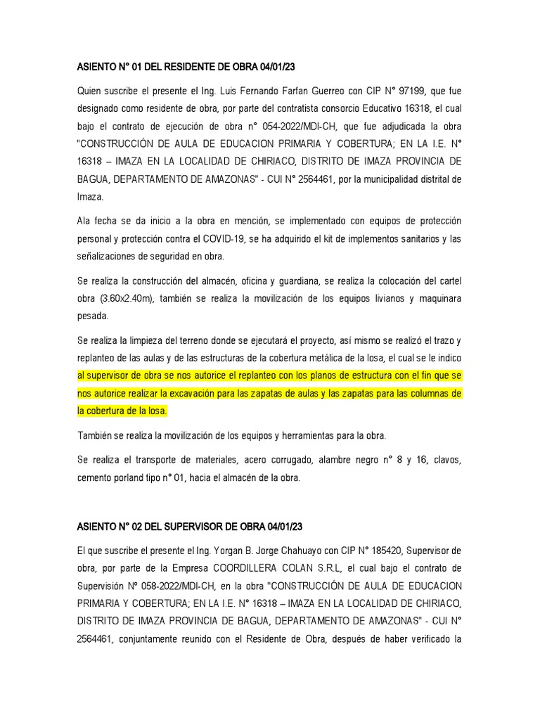 Asientos de Cuaderno de Obra Final Chiriaco | PDF | Fundación (Ingeniería) | Hormigón