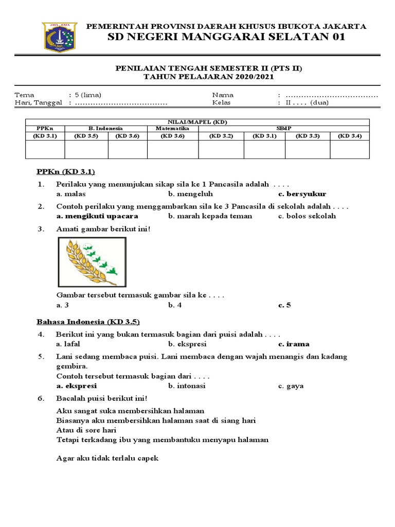 PTS II Kelas 2 SD: Soal PPKn dan Mapel | PDF | Seni