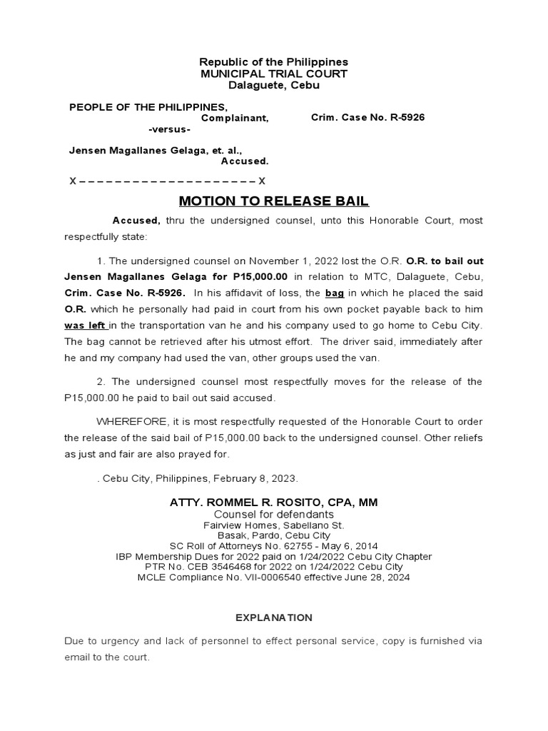 Motion for Bail Release in Cebu Case | PDF