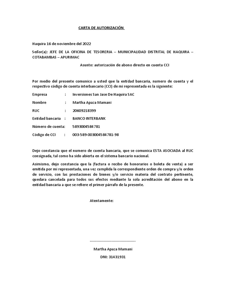 Modelo de Carta de Autorización | PDF