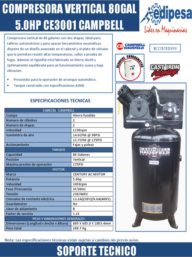 Com - Vertical 5.0HP 80gal. 175psi 3F Ce300101aj (Bco1011999) Campbell ...