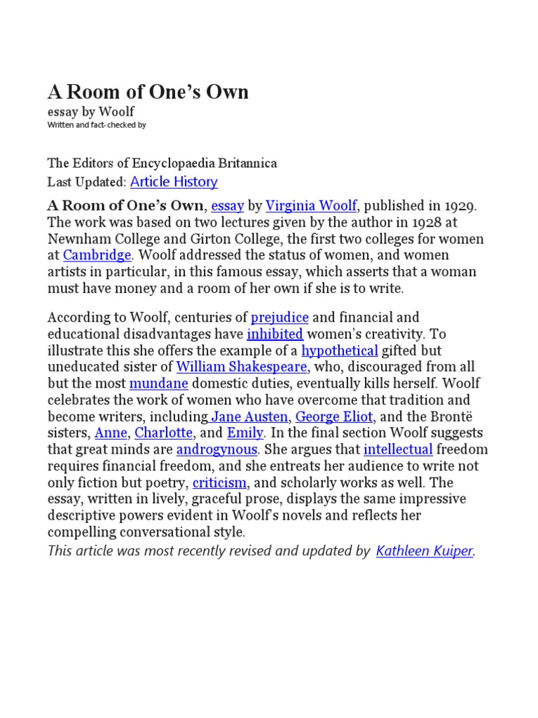 Virginia Wolfs Essay Summary and Analysis | Download Free PDF | A Room Of One's Own | Virginia Woolf