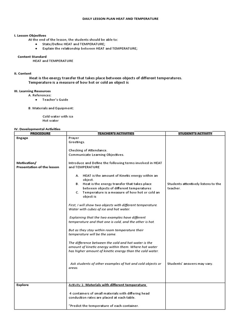 Lesson Plan Heat and Temperature | PDF | Heat | Temperature