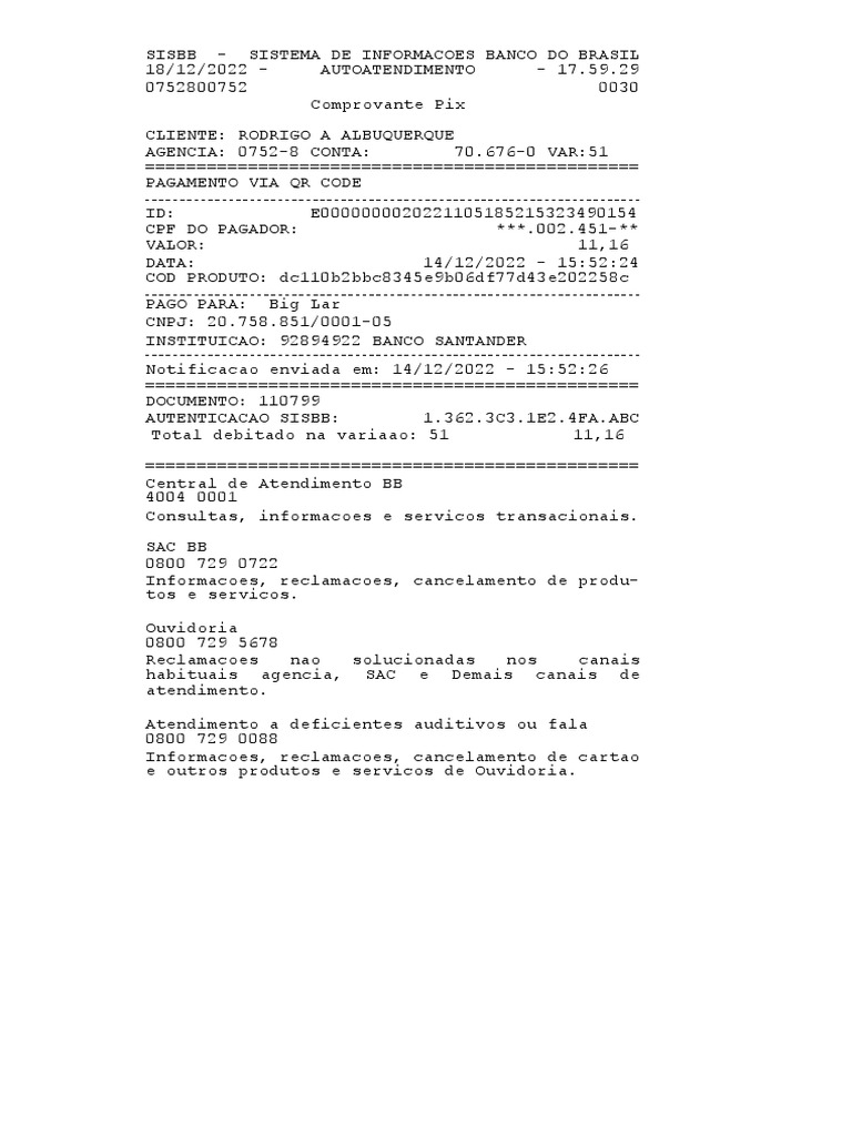 Comprovante - Big Lar | PDF