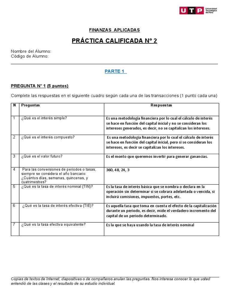 PC - 2 PRACTICA CALIFICADA 2 (Finanzas) | PDF | Interés | Economias