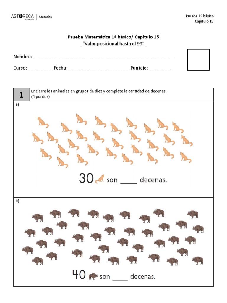 Prueba de Valor Posicional 1º Básico | PDF