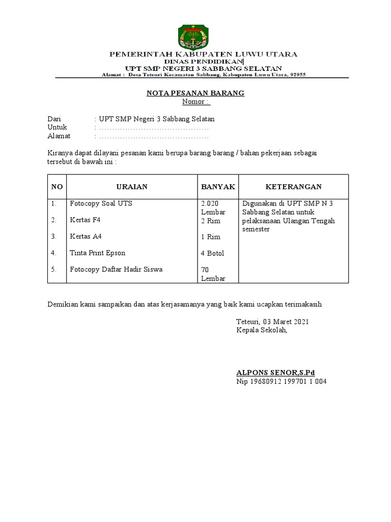 Nota Pesanan ATK UPT SMP Negeri 3 | PDF