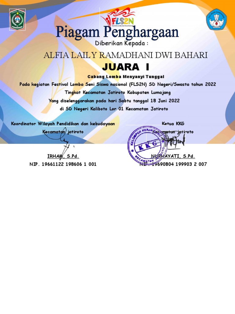 Piagam Kelas 6 (2022) FLS2N | PDF