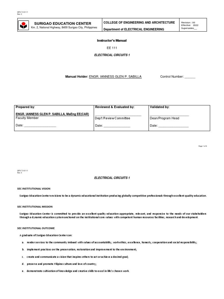 SYLLABUS Electrical Circuits 1 | PDF | Electrical Network | Network Analysis (Electrical Circuits)