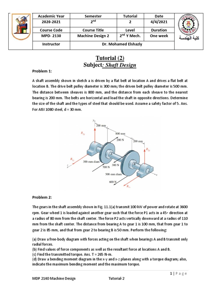 Tutorial 2 ''Shaft Design'' | PDF | Belt (Mechanical) | Bending