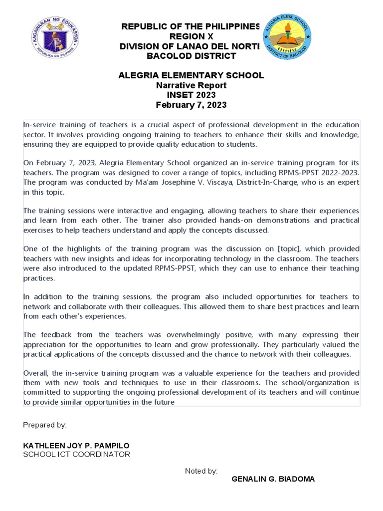 Narrative Report On INSET Training | Download Free PDF | Teachers ...