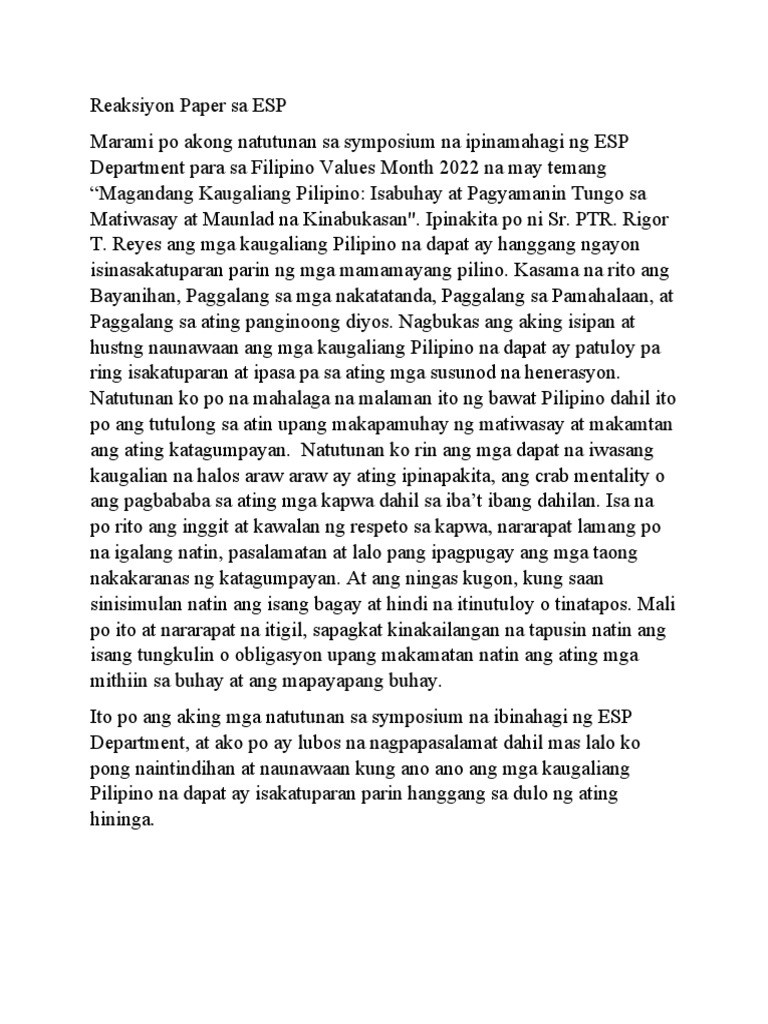 Reaksiyon Paper Sa ESP | PDF