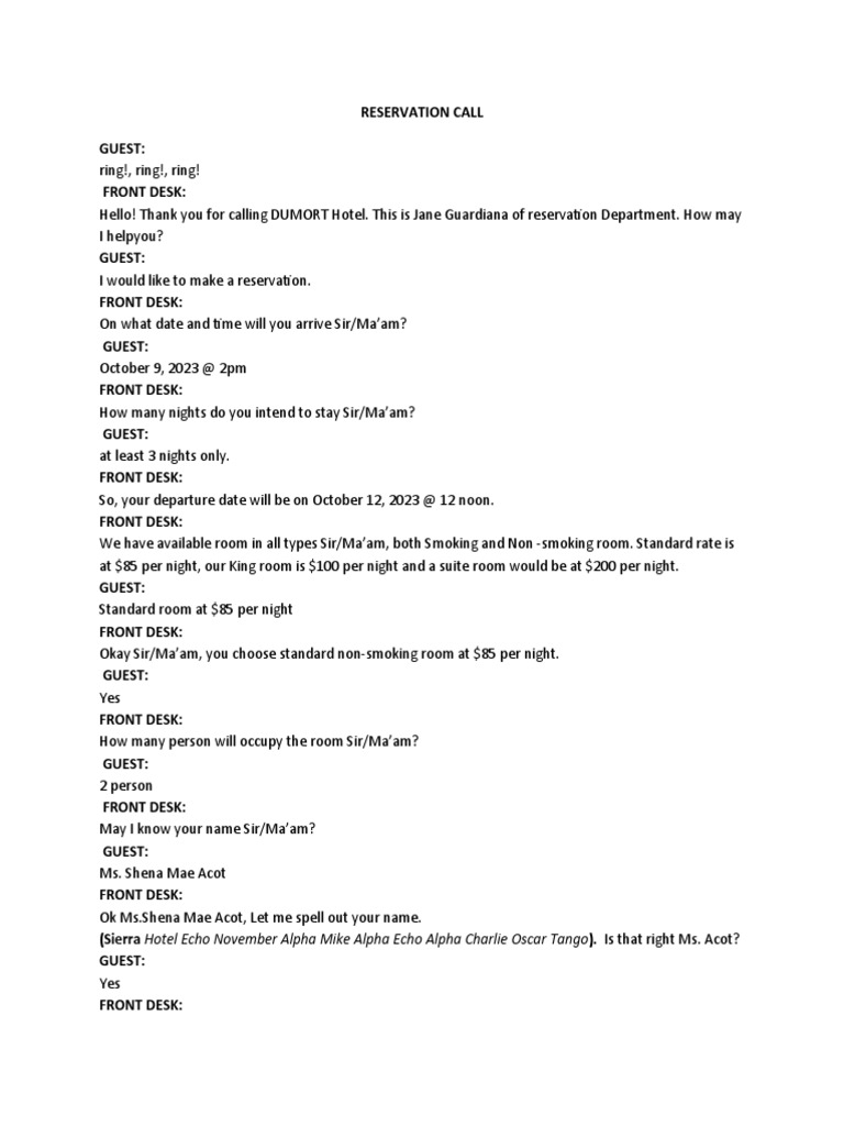 RESERVATION Dialogue | PDF