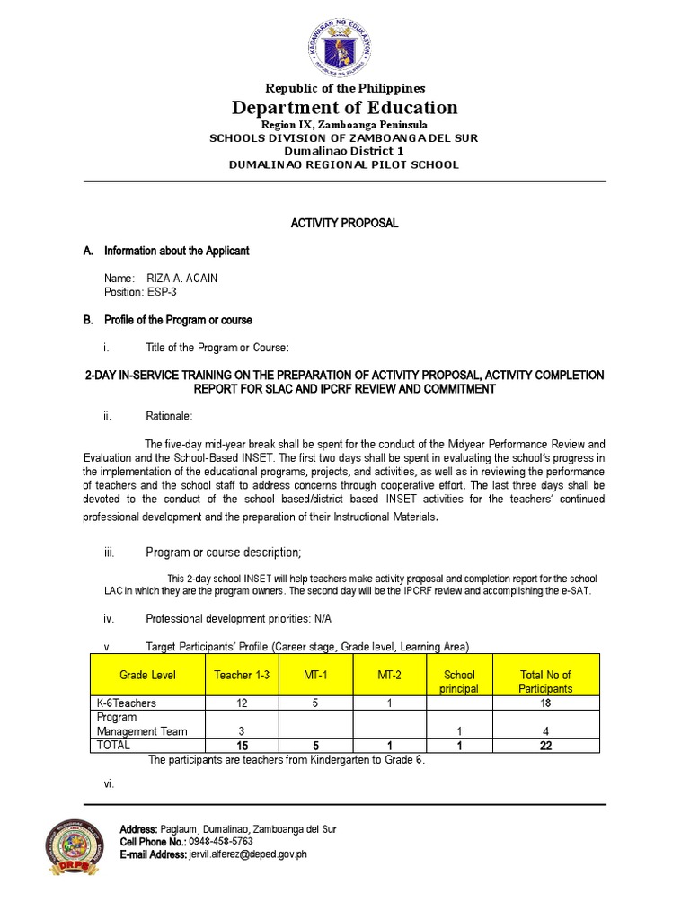 Professional Development for Teachers on Activity Proposals, Reports and Performance Evaluation ...