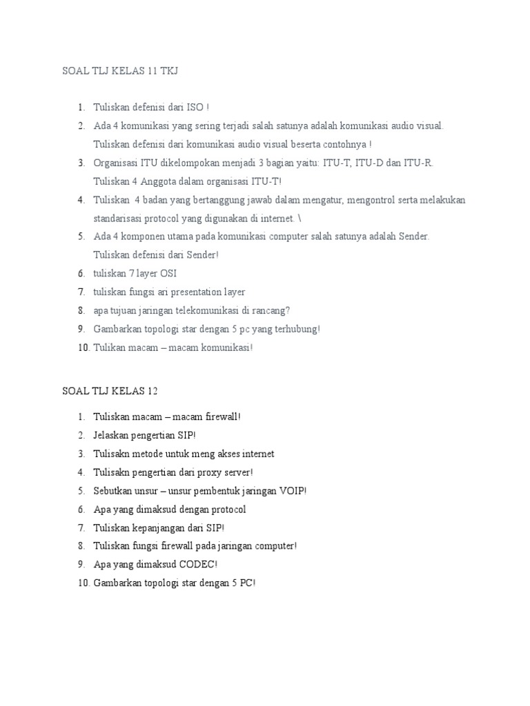 Soal Uts TLJ Kelas 11 Dan 12 TKJ | PDF