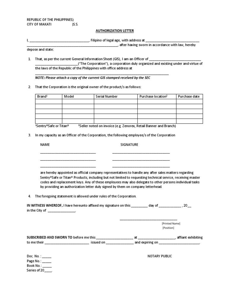 Authorization Letter by Officer of The Company TEMPLATE 2020901 | PDF