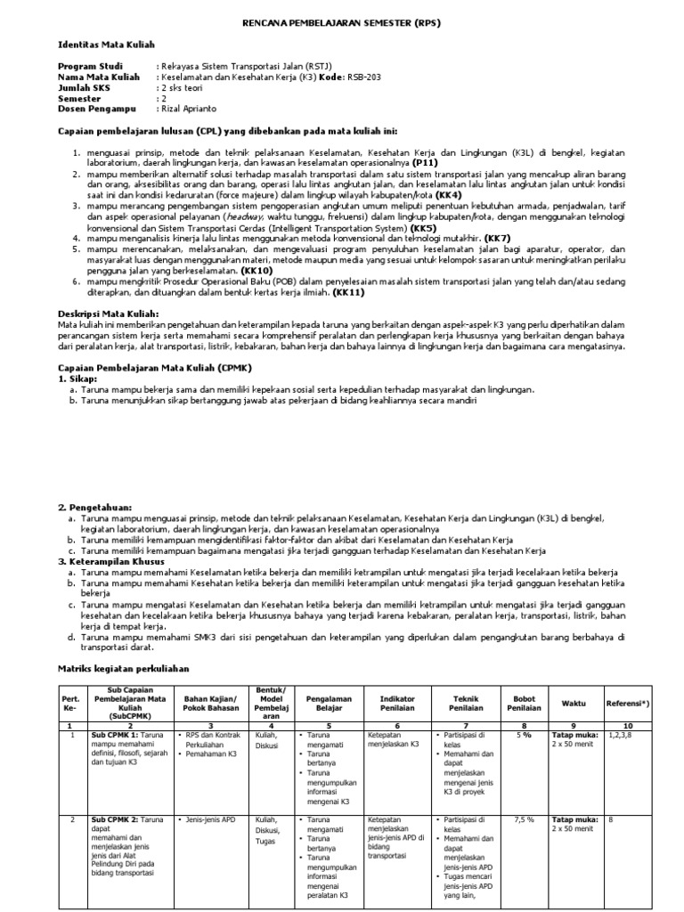 Rencana Pembelajaran K3 RSTJ Semester 2 | PDF