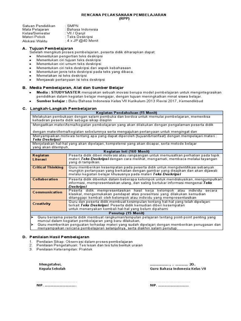 RPP 1 Lembar B.Indo Kelas 7 SM 1 | PDF